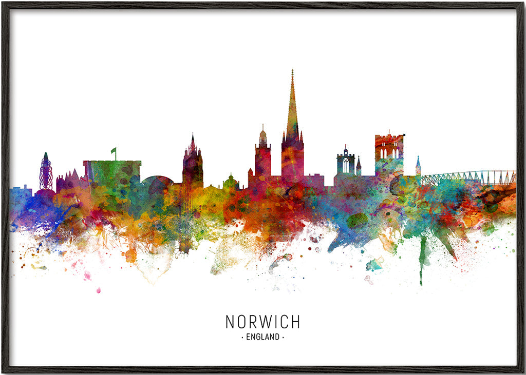 Travel poster Norwich skyline watercolor splash | Wall art, framed ...