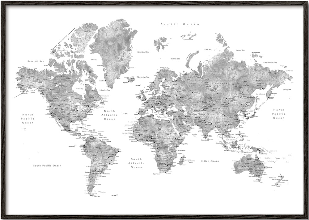 World map print with fine city details | Wall art, framed prints and ...