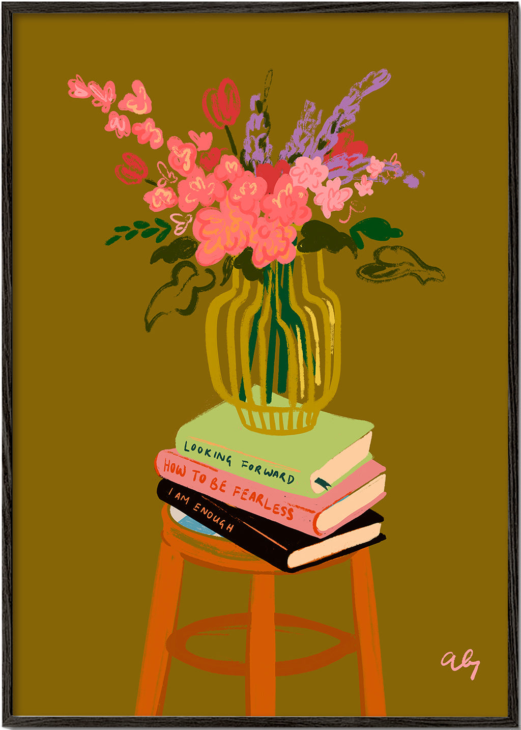 Botanical print: vase of flowers on stacked books | Wall art, framed ...